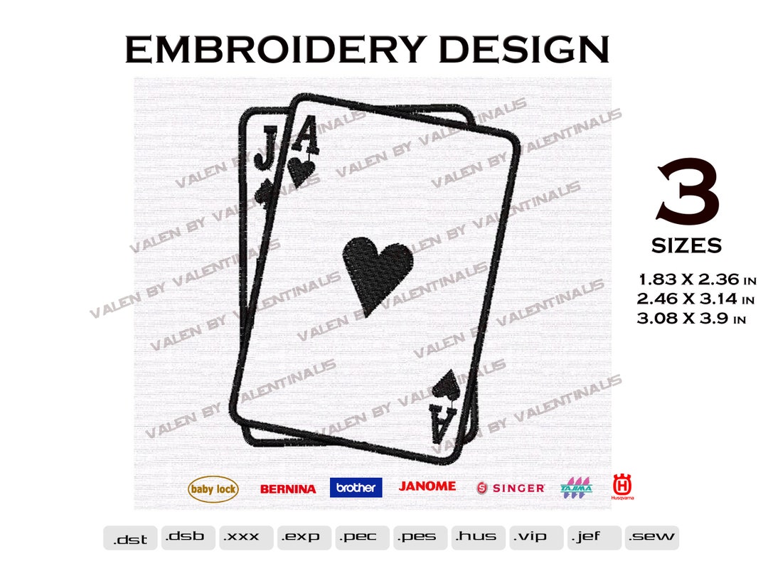 Poker Cards Embroidery Design, Playing Cards Design, Ace of Hearts Jack ...