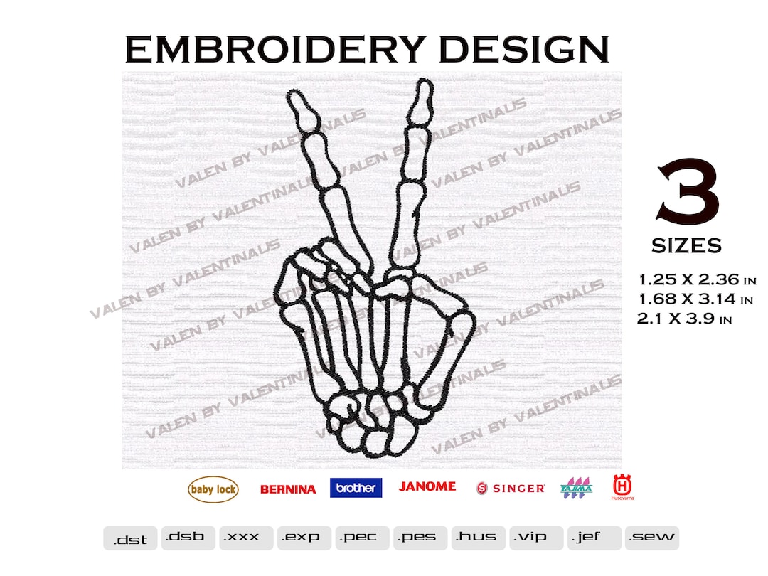Skeleton Hand Peace Sign Embroidery Design, Hand Skeleton, Peace Sign ...