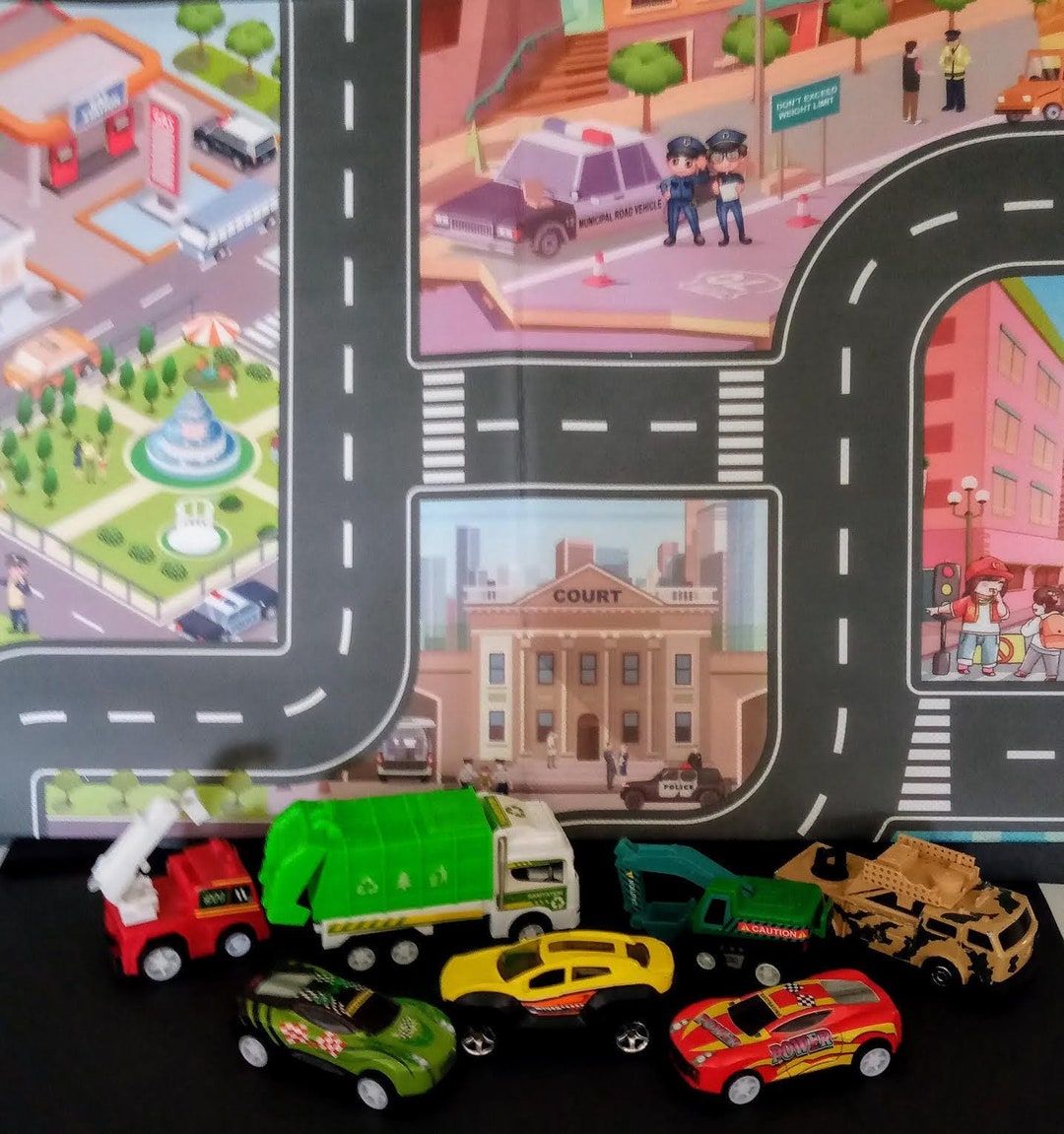 BOYS CAR PLAYMAT W 7 Vehicles in Mesh Carry Bag - City Streets Mat ...