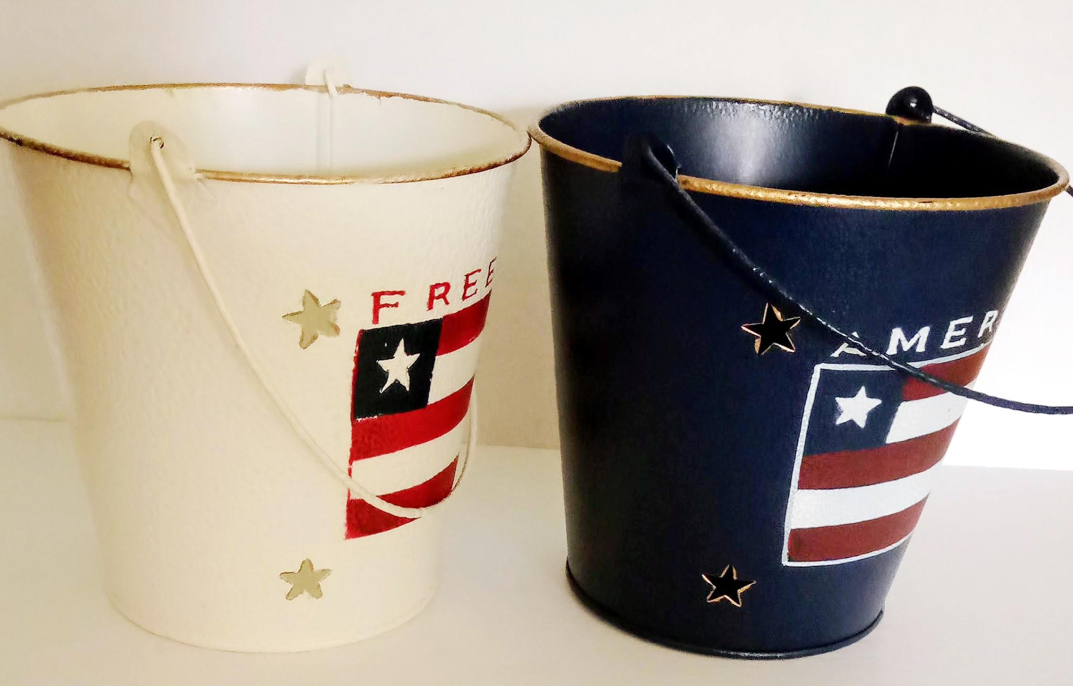 2 AMERICAN FLAG BUCKETS W Cut-out Stars – Patriotic Decor, Decorative ...