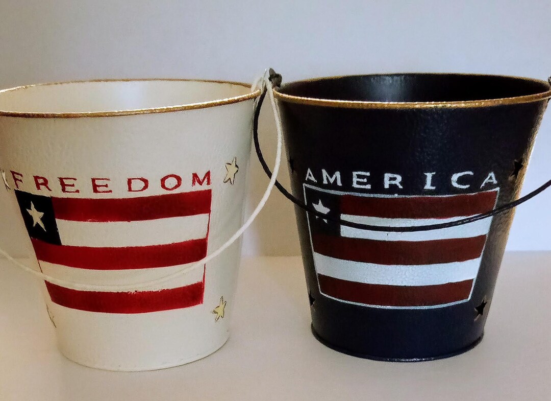 2 AMERICAN FLAG BUCKETS W Cut-out Stars – Patriotic Decor, Decorative ...