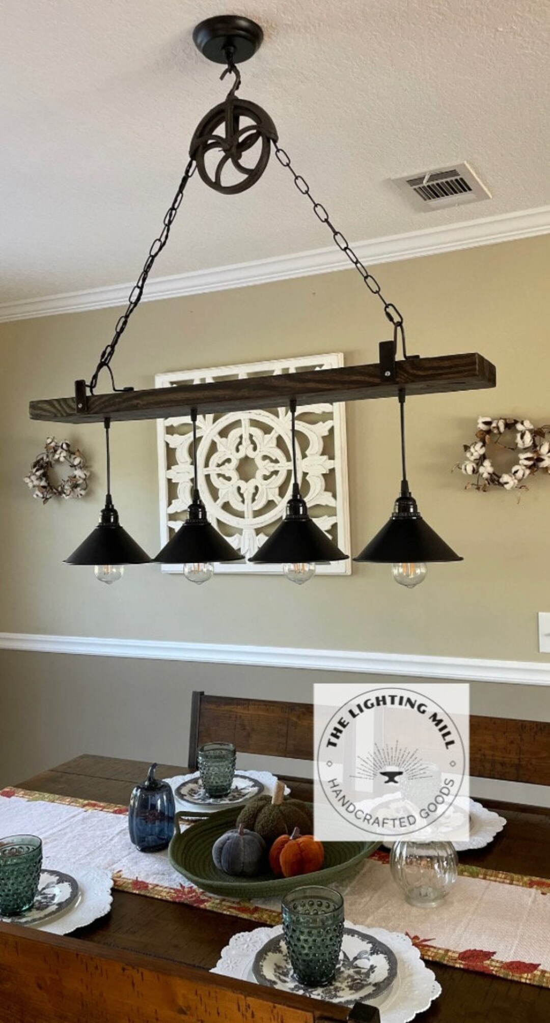 Pendant Light Fixture With Rustic Pulley. - Etsy