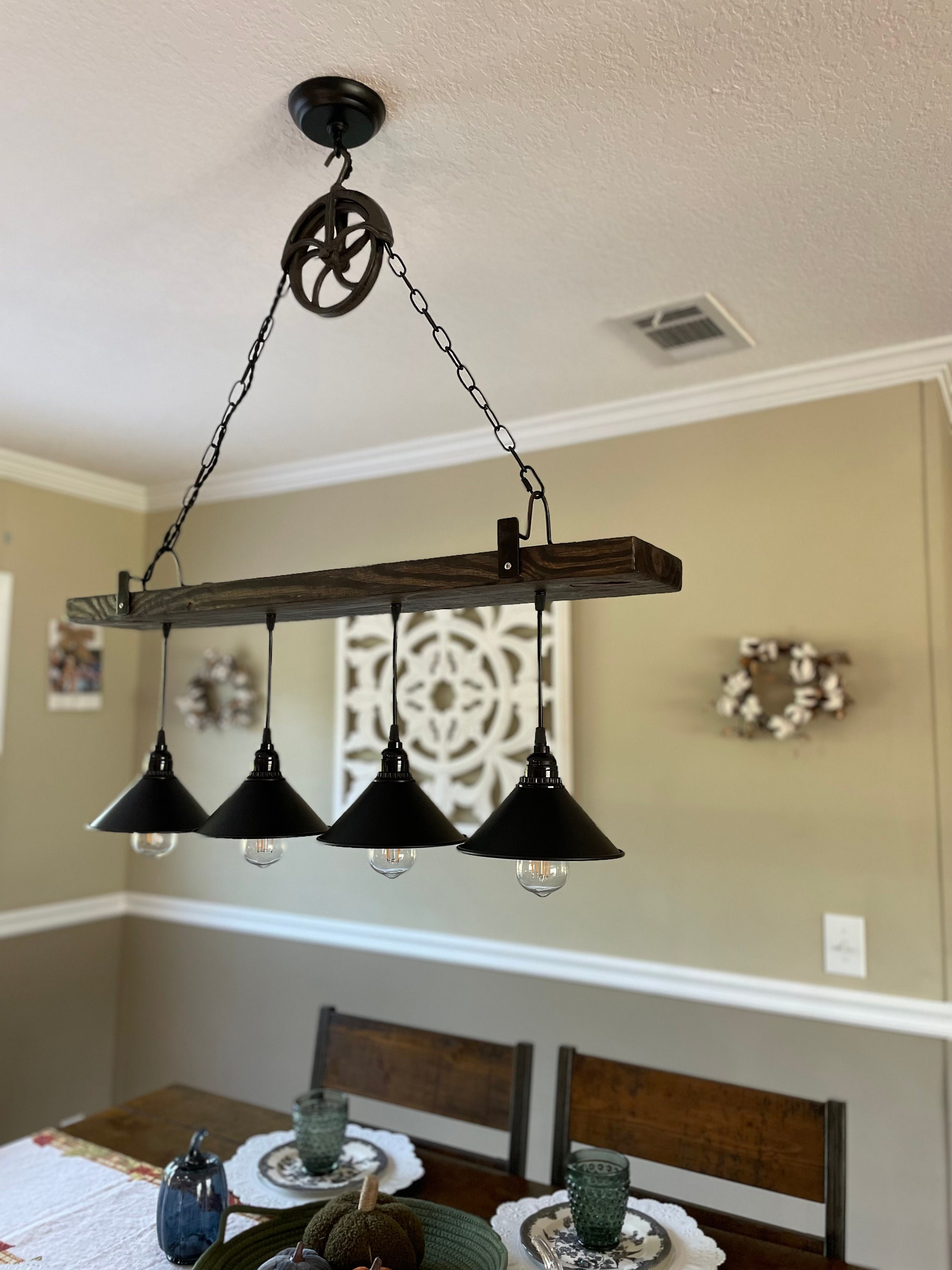 Pendant Light Fixture With Rustic Pulley. - Etsy