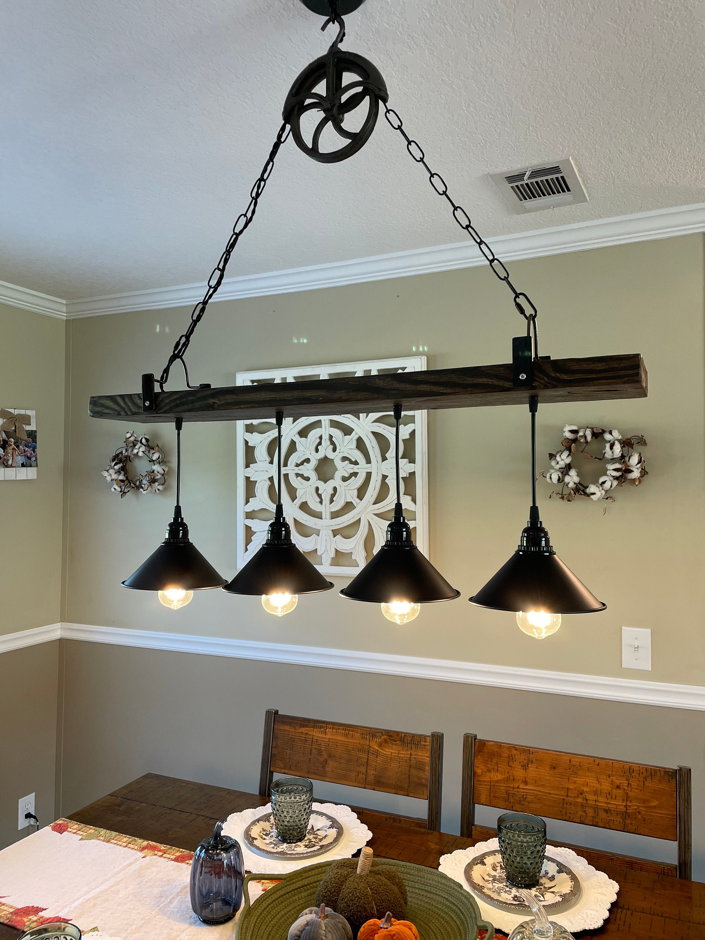 Pendant Light Fixture With Rustic Pulley. - Etsy
