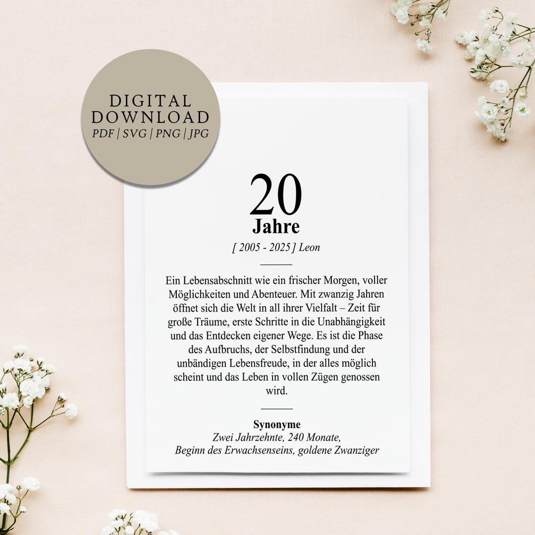 Definition 20 Years Duden Style Personalized | Digital Print File ...