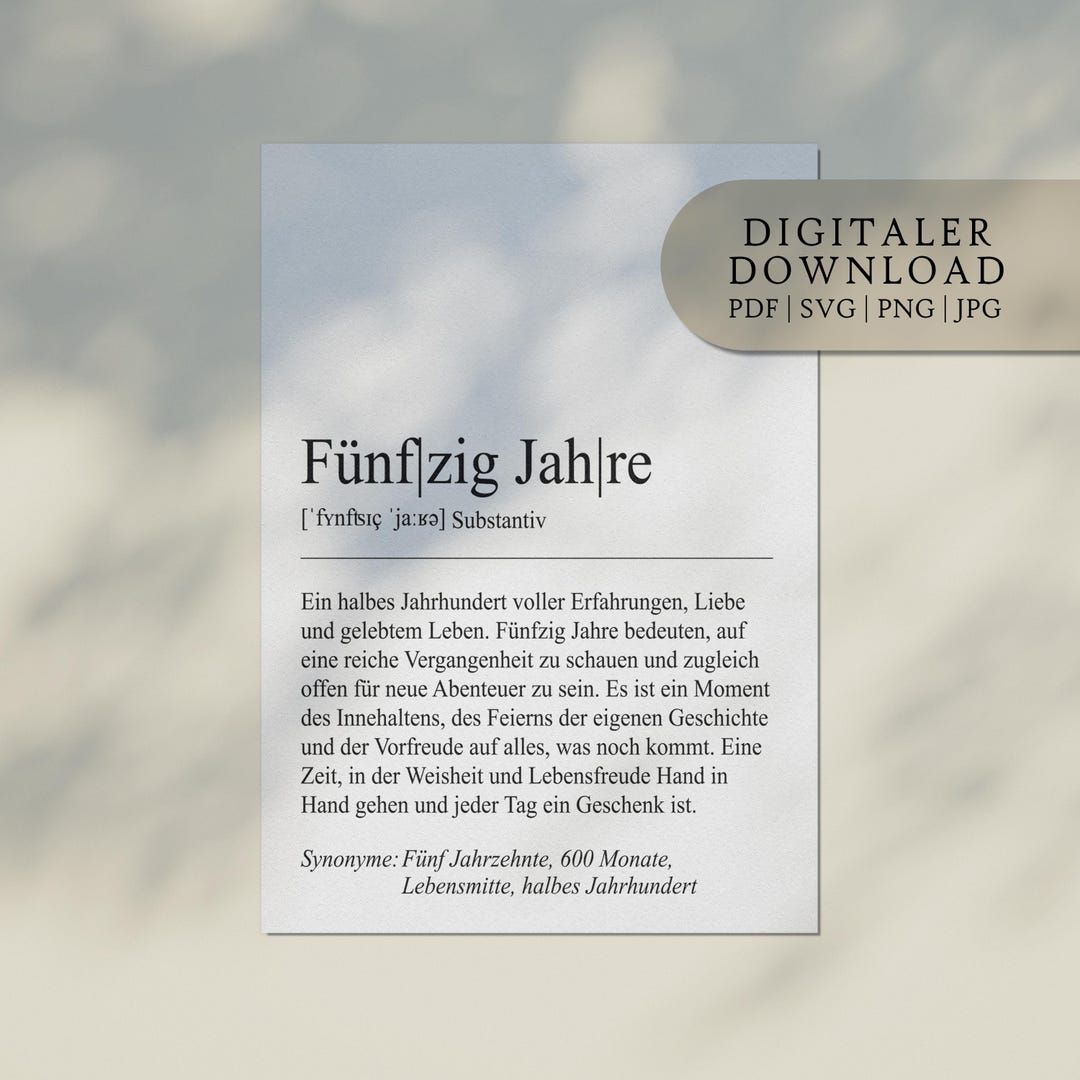 Definition Fifty Years Duden Postcard Poster Print File Gift Fiftieth ...