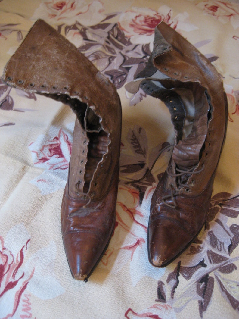 Victorian Edwardian Women's Leather Shoes Boots 2-tone Lace-up Antique ...