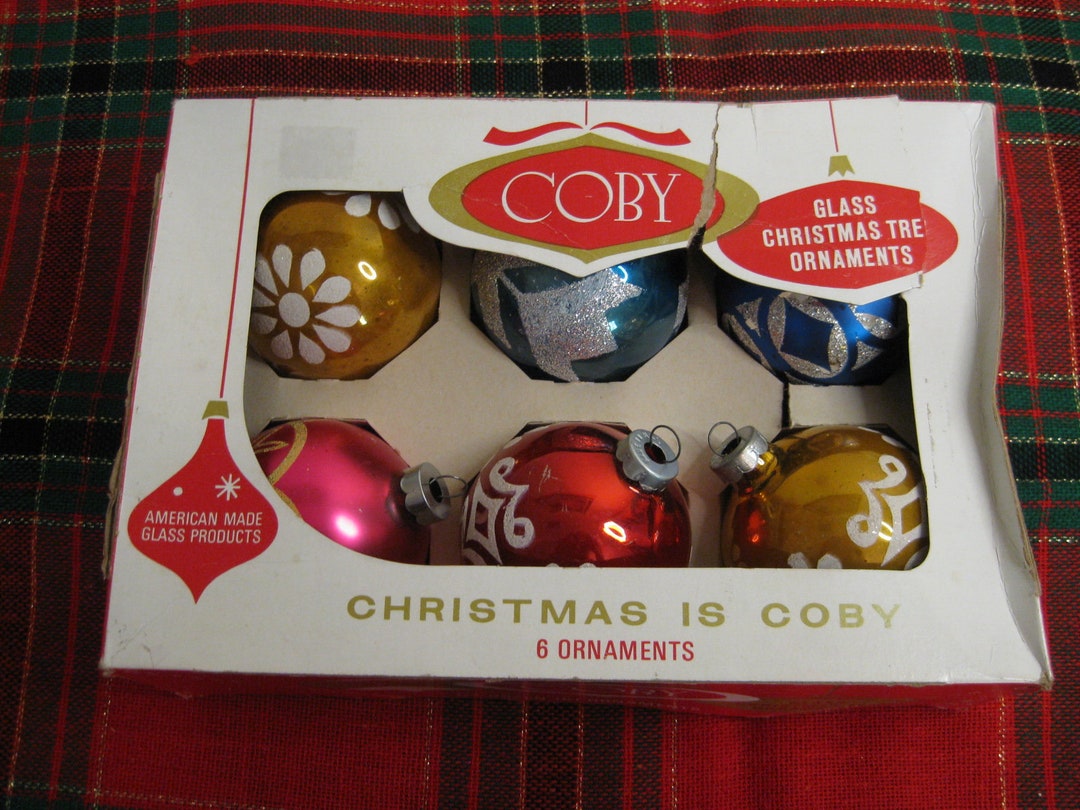 Vintage Christmas Xmas 6 Large Glass Coby Stenciled Glitter Ornaments ...
