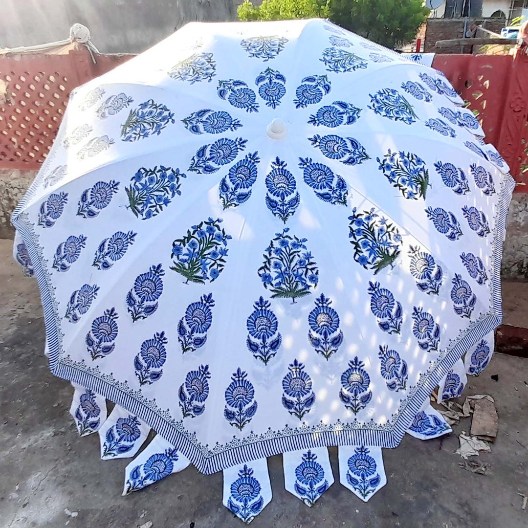 New Floral Design Handmade Print Umbrella Block Indian Printed White ...