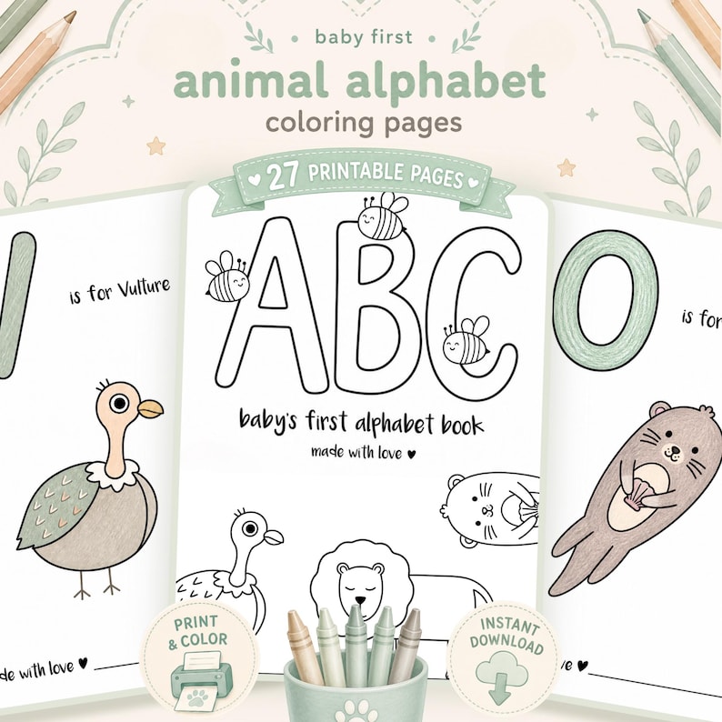 Alphabet Coloring Pages | Animal A-Z Printable Book, Baby Shower ...