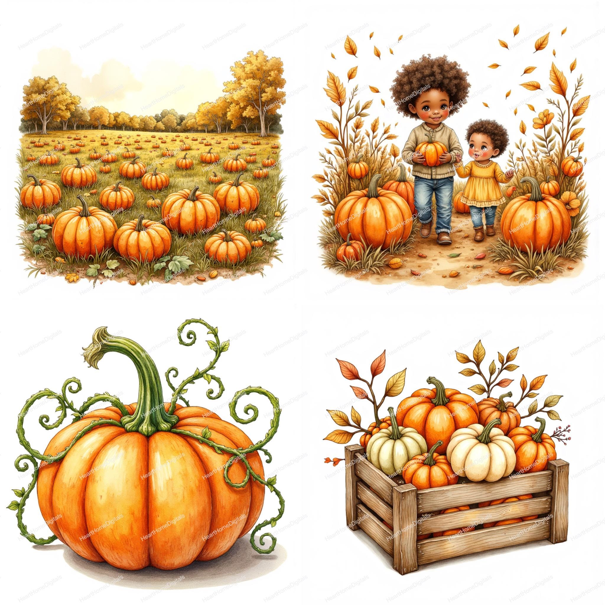 Watercolor Pumpkin Patch Clipart: Autumn Planner Stickers (digital ...