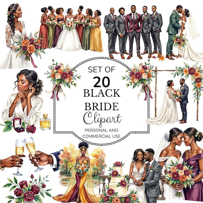 Black Bride and Groom Clipart Set | 20 JPG Fall Wedding Illustrations ...