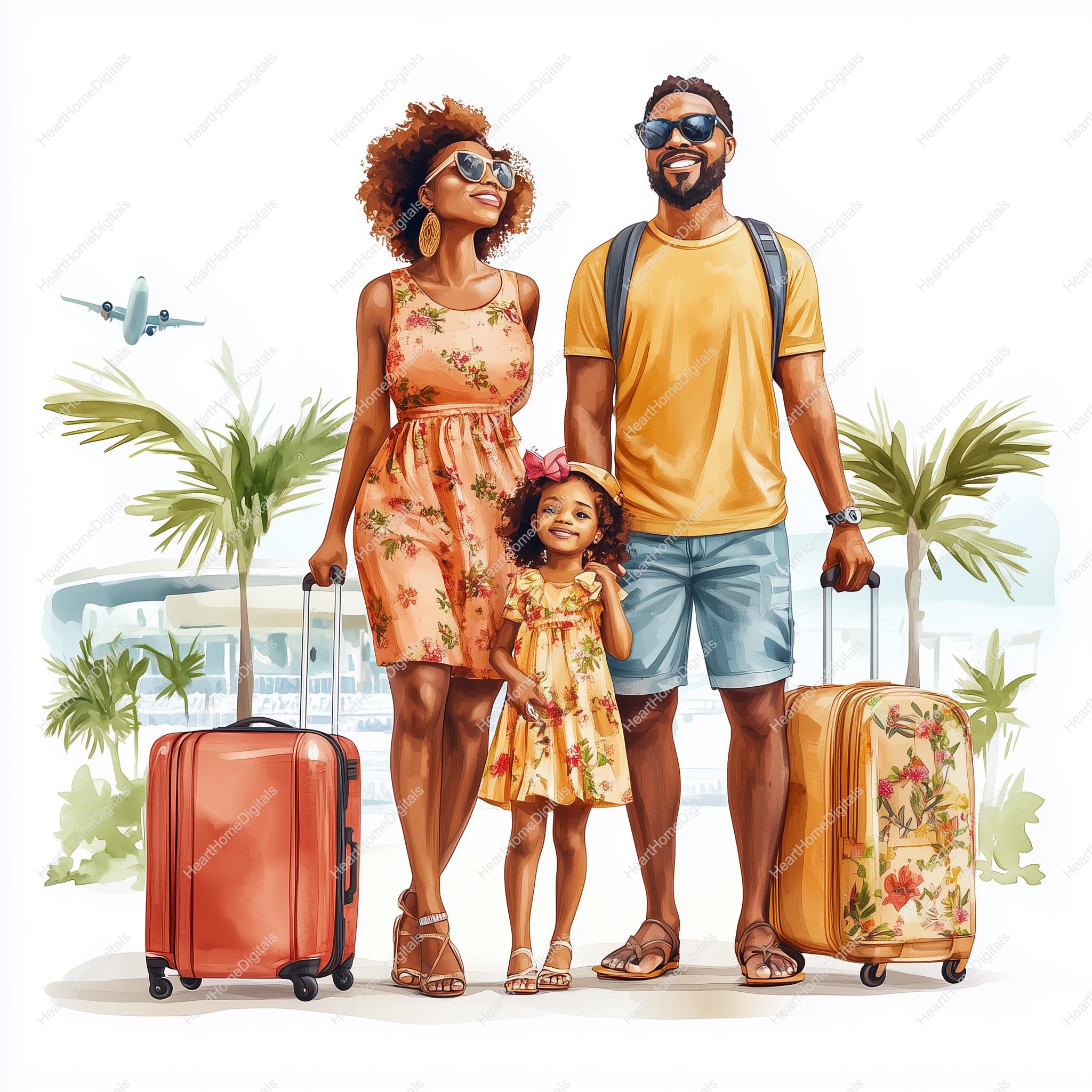 Black Family Vacation Clipart: Watercolor Travel Art (digital Download ...