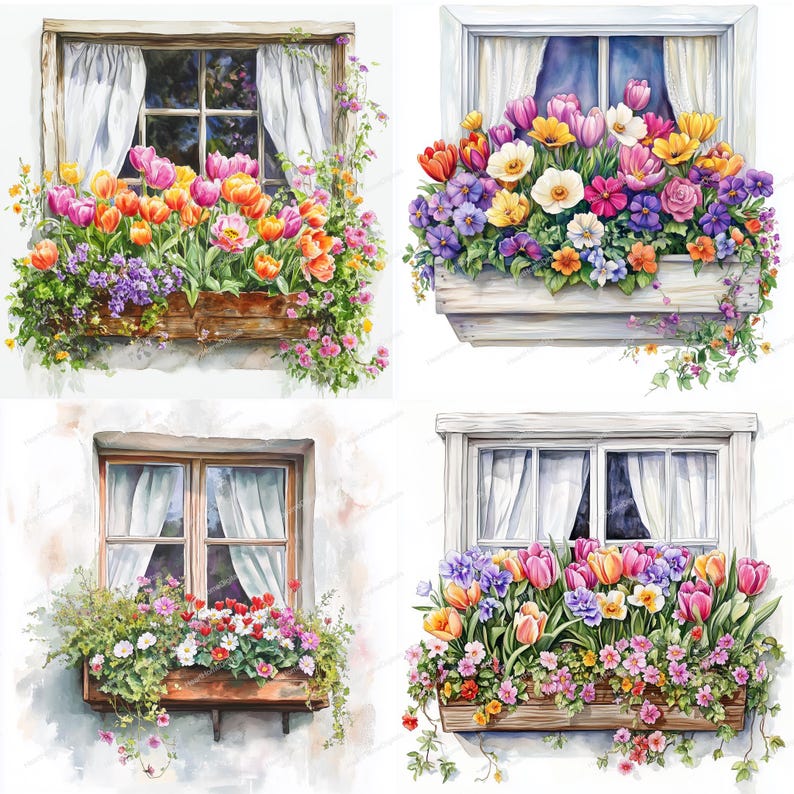 Spring Window Clipart | Flowers Window Boxes, 17 Watercolor Printable ...