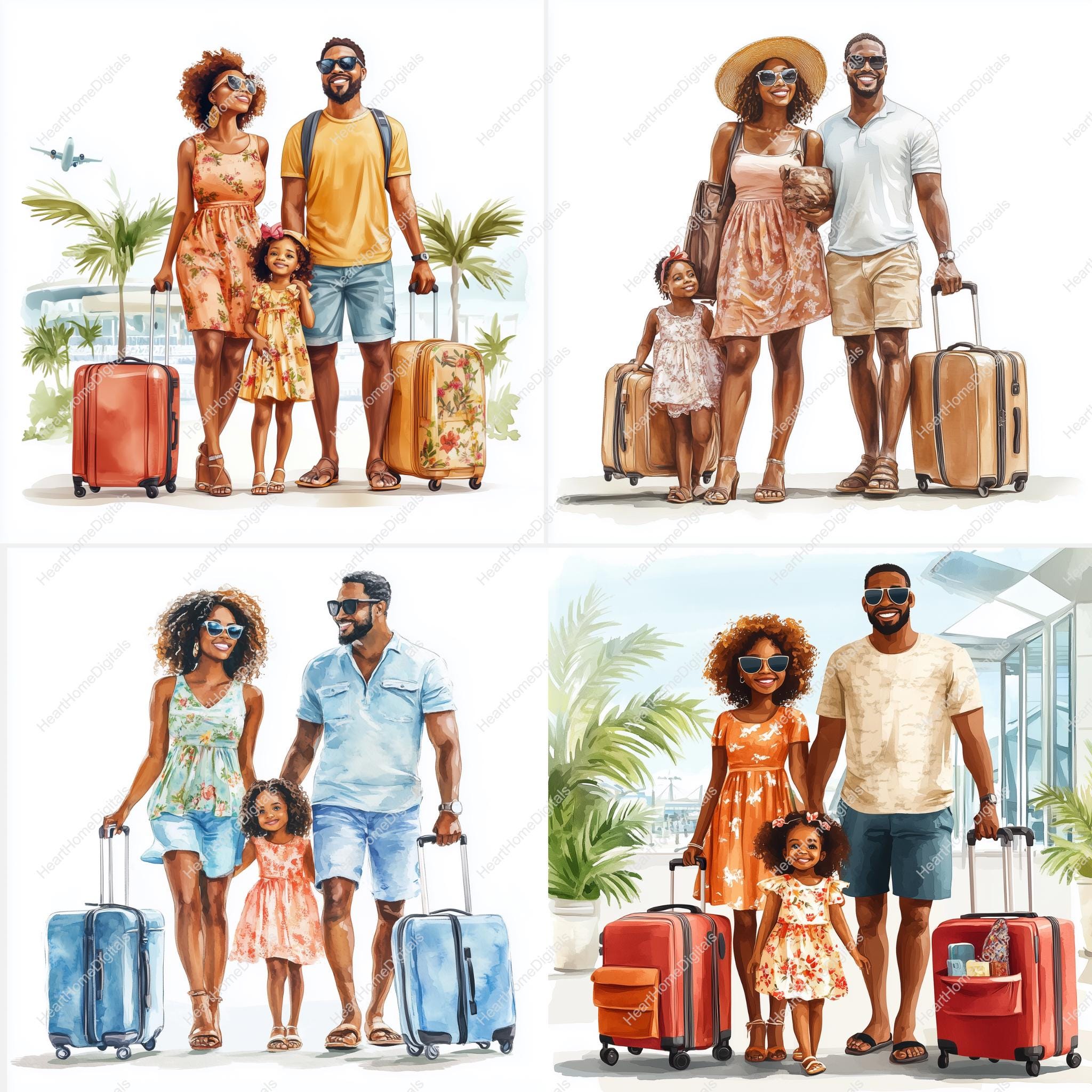 Black Family Vacation Clipart: Watercolor Travel Art (digital Download ...