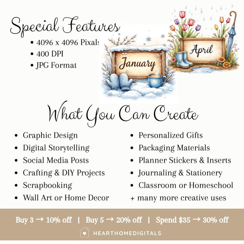 Watercolor Monthly Sign Clipart Set – 12 JPG Images – Seasonal Wooden ...