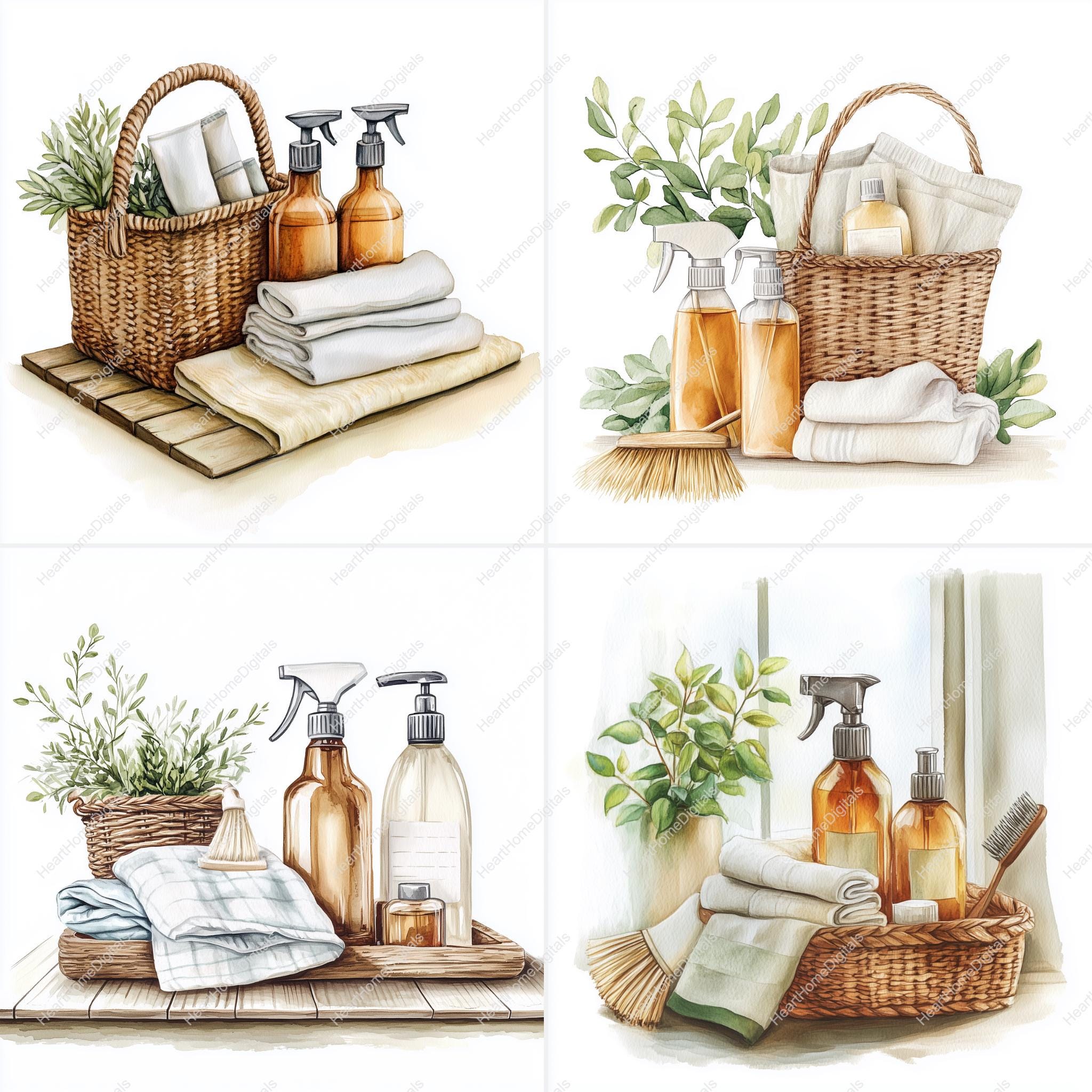 Watercolor Cleaning Essentials Clipart | Spray Bottles, Brushes, Towels ...