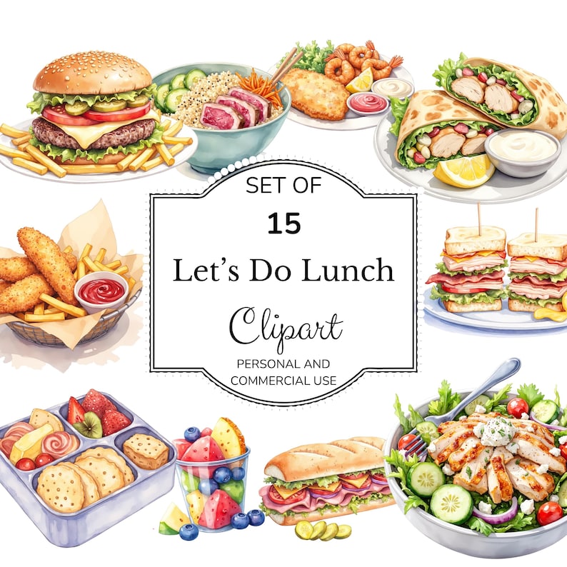 Lunch Clipart Bundle | 15 Watercolor Food Illustrations, Sandwiches ...