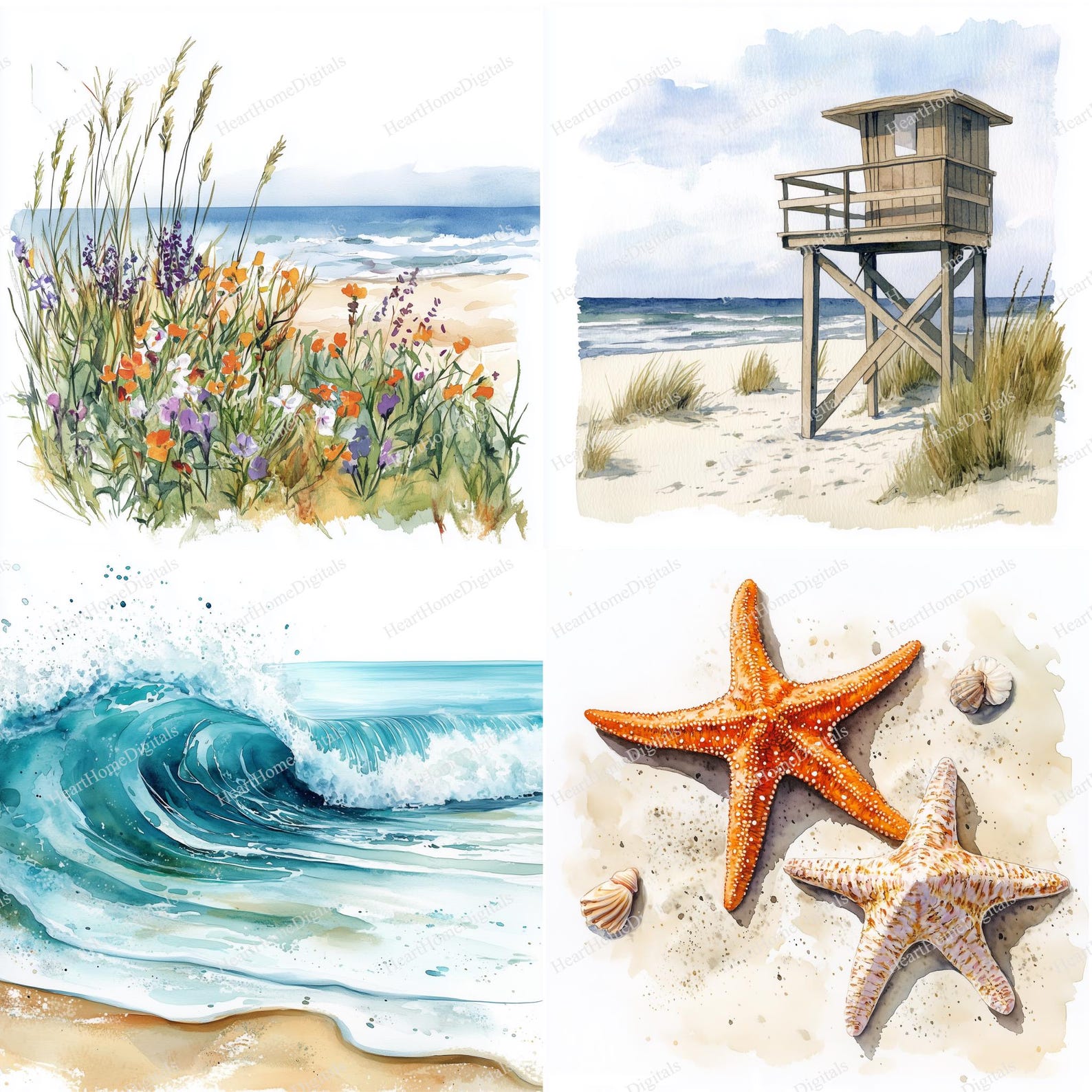 Watercolor Beach Clipart: Coastal Summer Illustrations (digital ...