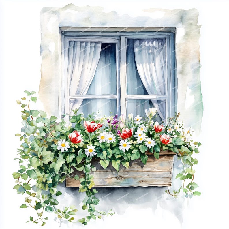 Watercolor Spring Flower Window Box Clipart (JPG Digital Download) - Etsy