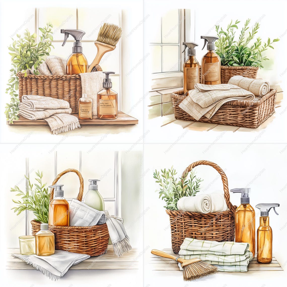 Watercolor Cleaning Essentials Clipart | Spray Bottles, Brushes, Towels ...