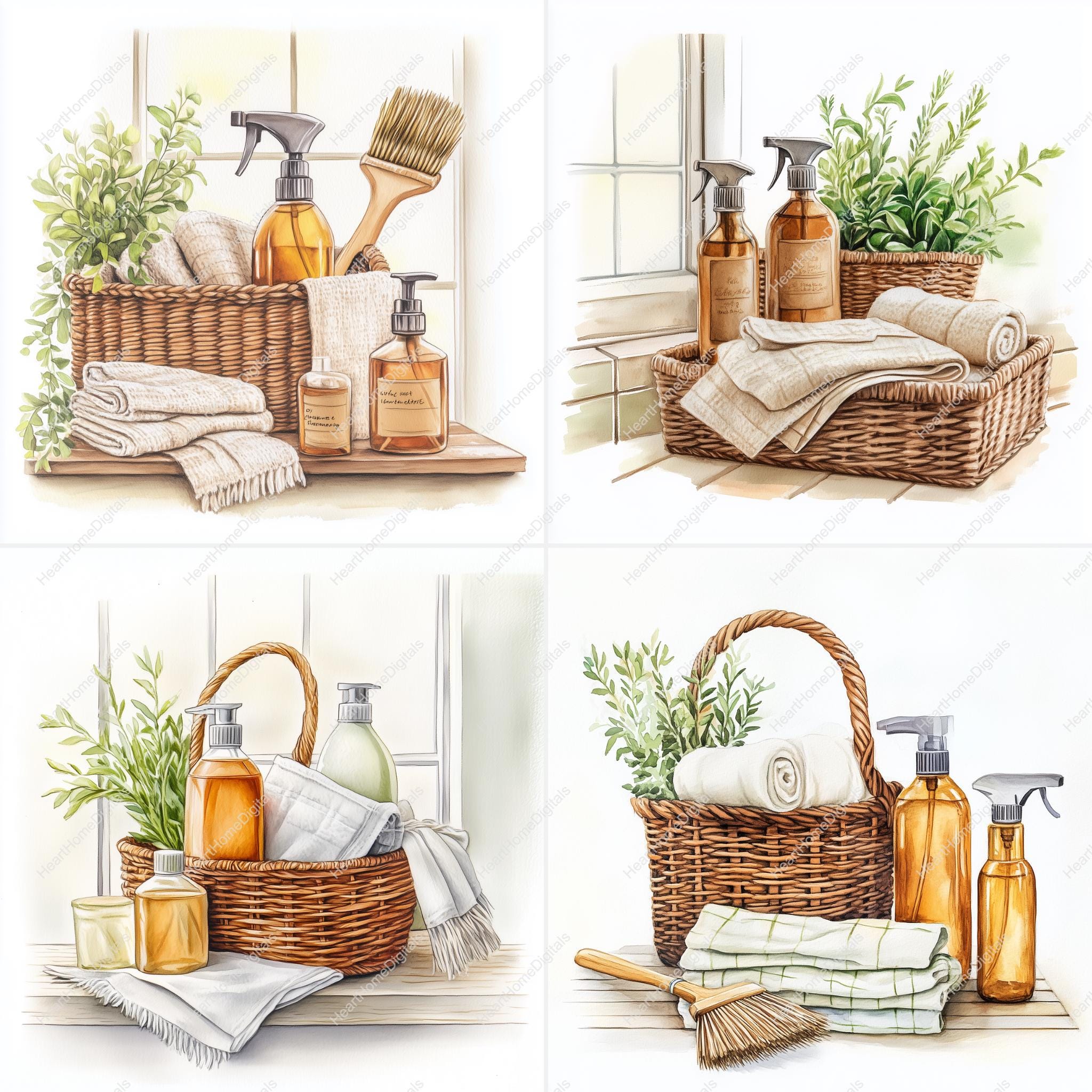 Watercolor Cleaning Essentials Clipart | Spray Bottles, Brushes, Towels ...