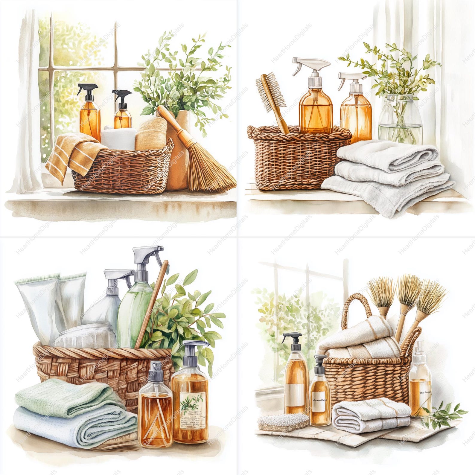 Watercolor Cleaning Essentials Clipart | Spray Bottles, Brushes, Towels ...