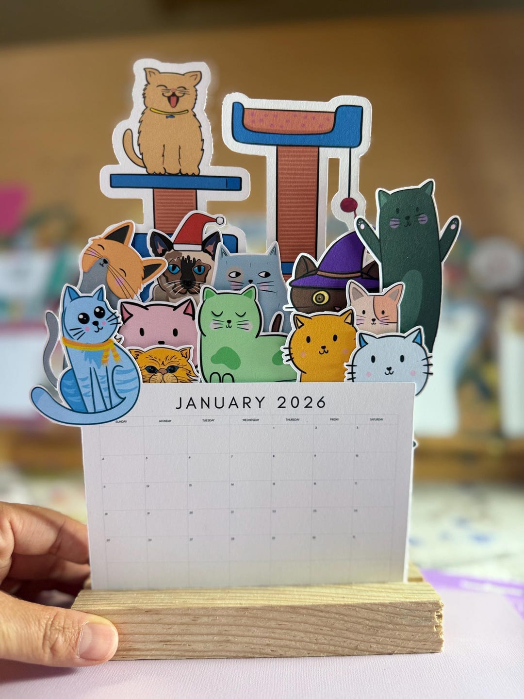 2026 Cat Desk Calendar – Kawaii Illustrated Monthly Planner With Wooden ...
