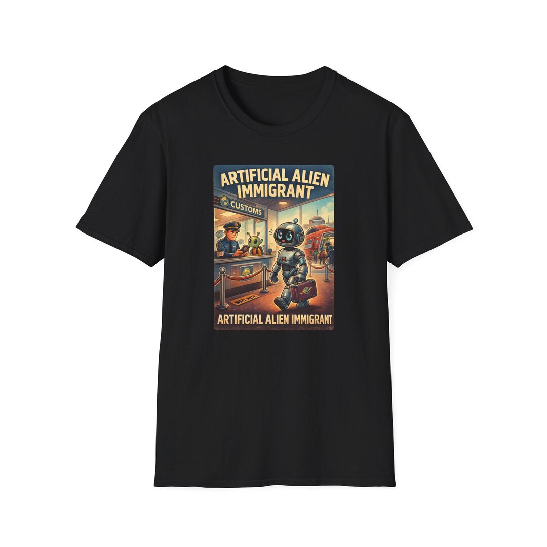 Retro Robot Immigration Poster T-shirt | Artificial Alien Immigrant ...