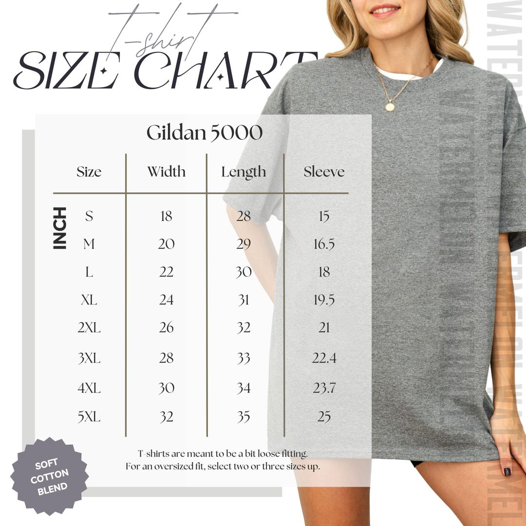 Gildan 5000 Size Chart Mockup Tshirt 5000 Sizing Guide in Inches Unisex ...