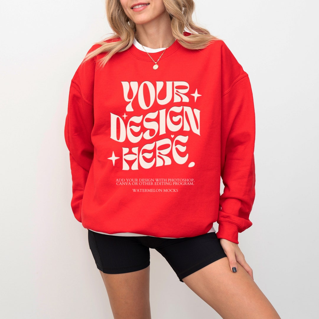 Gildan 18000 Red Mockup Red Sweatshirt Mockup Oversized Red Crewneck ...