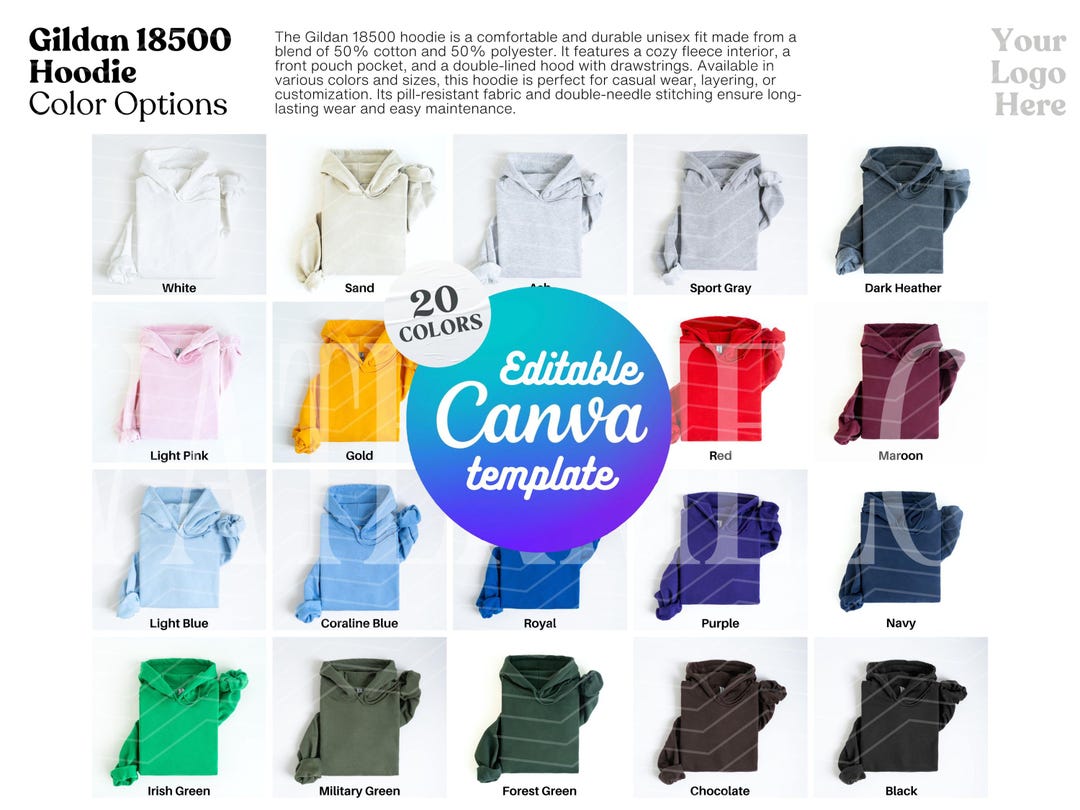 Editable Gildan 18500 Color Chart Canva Template Printful Hoodie Color ...