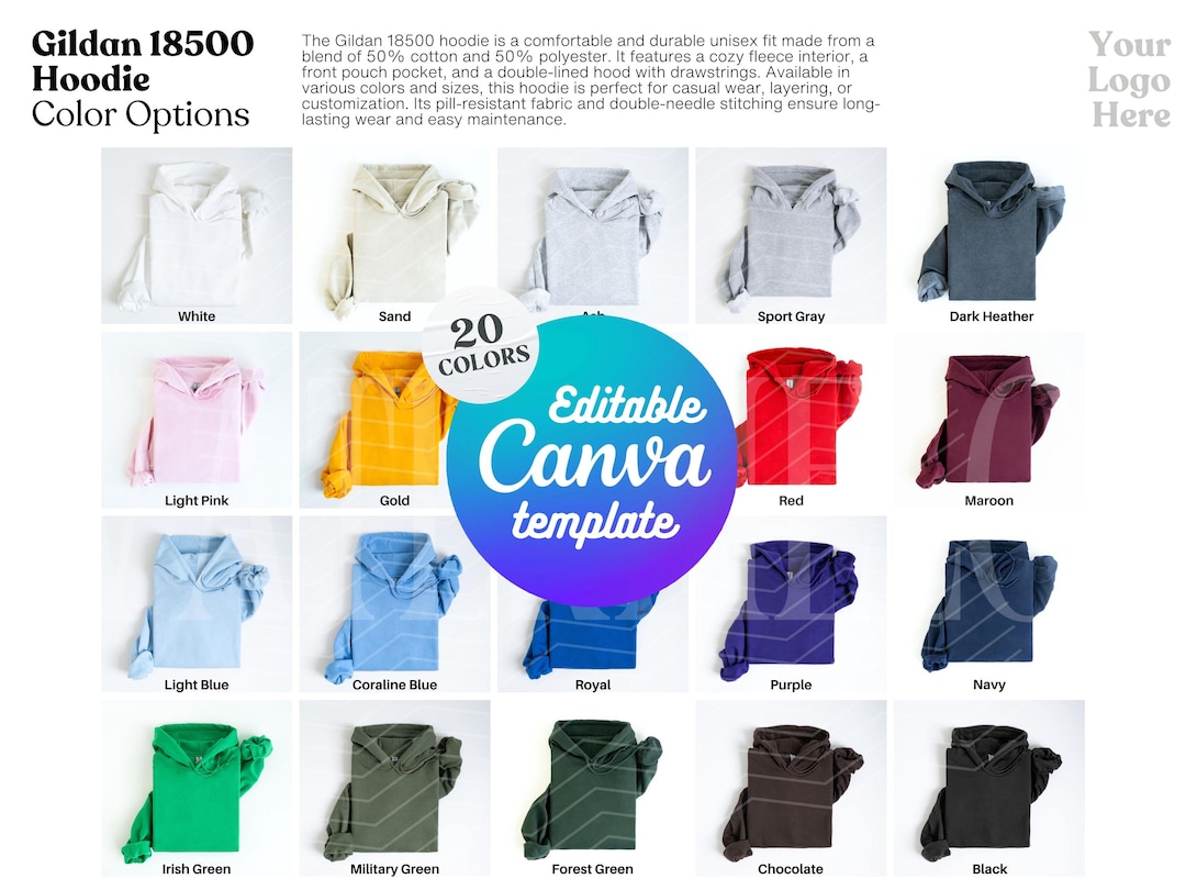 Editable Gildan 18500 Color Chart Canva Template Printful Hoodie Color ...