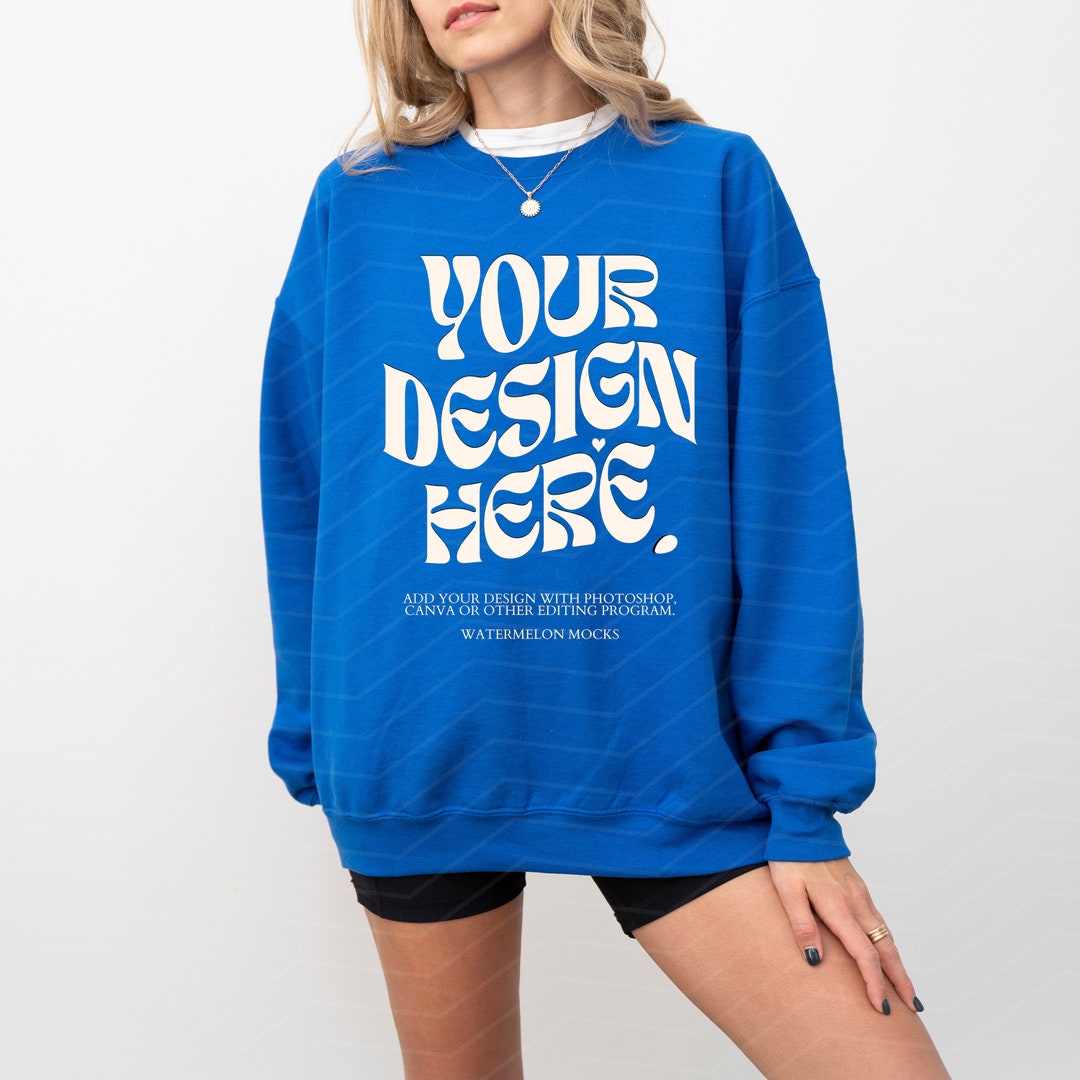Gildan 18000 Royal Mockup Royal Sweatshirt Mockup Oversized Royal Crewneck Mockup Model 18000 ...