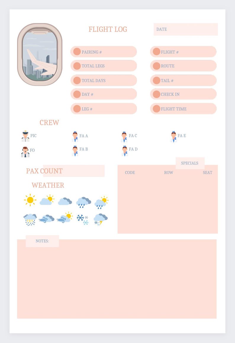 Fillable Flight Attendant PDF Log - Etsy