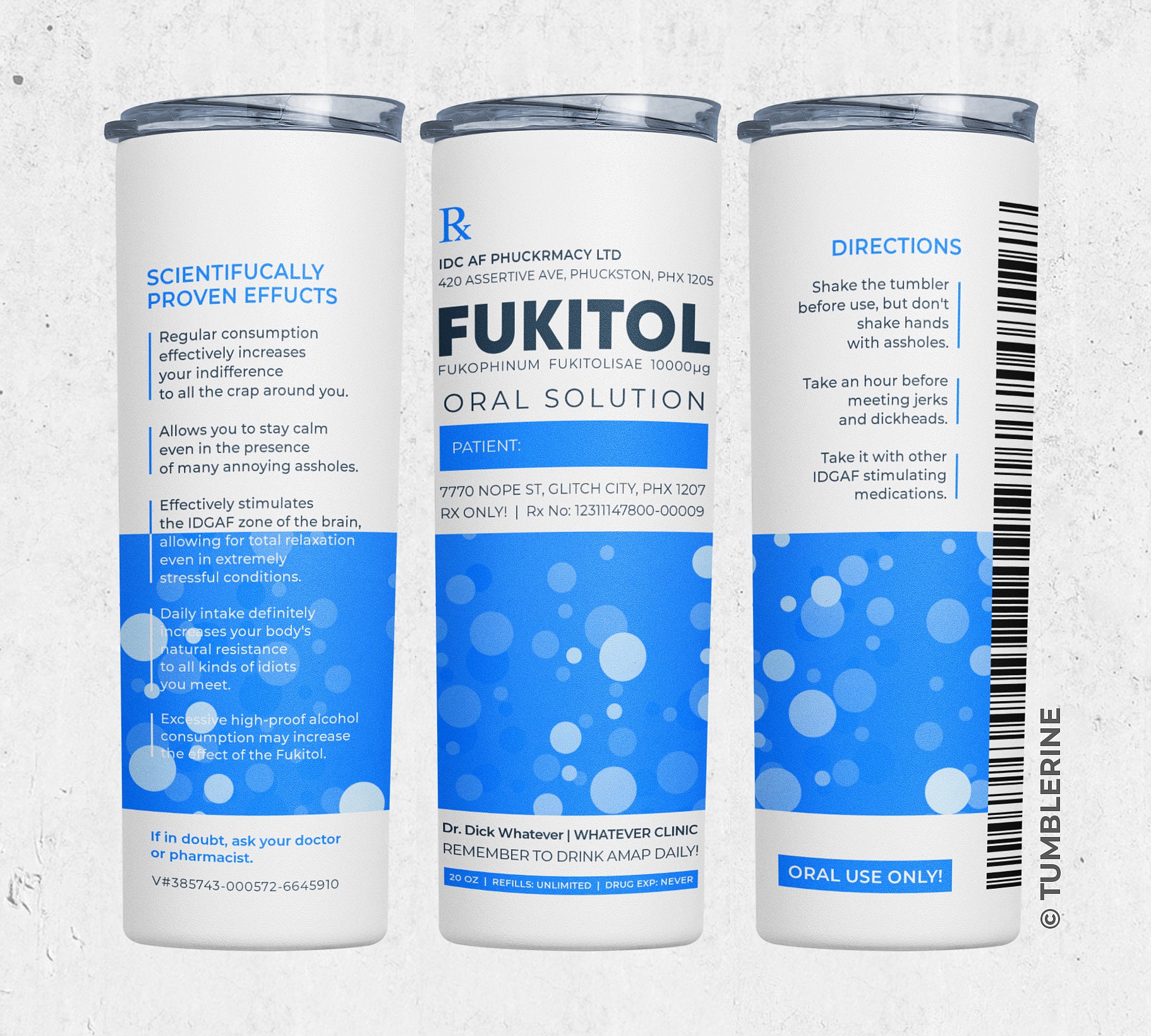 Fukitol Bundle Funny Prescription 20oz Skinny Tumbler Wrap, Pill Bottle ...
