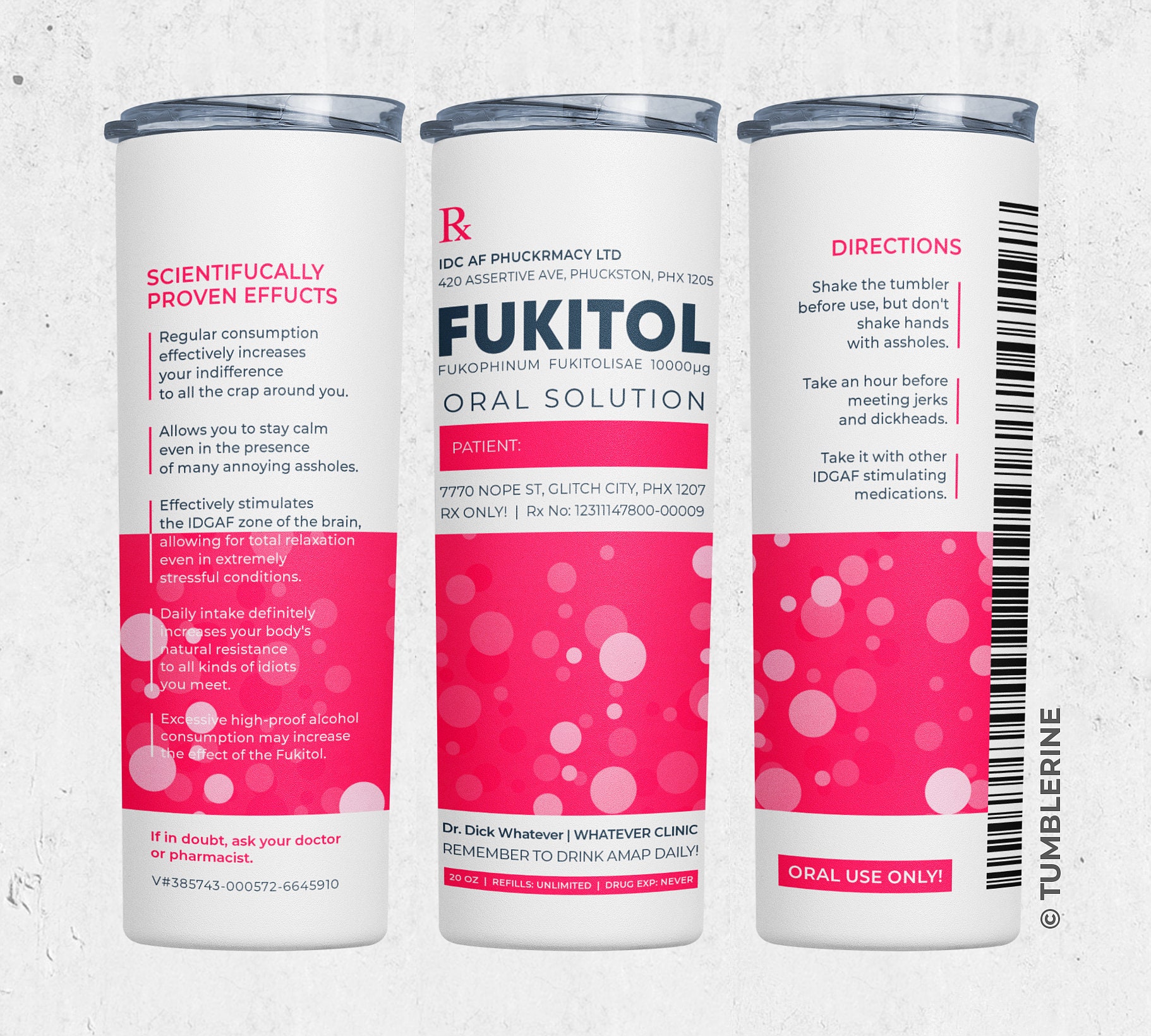 Fukitol Bundle Funny Prescription 20oz Skinny Tumbler Wrap, Pill Bottle ...