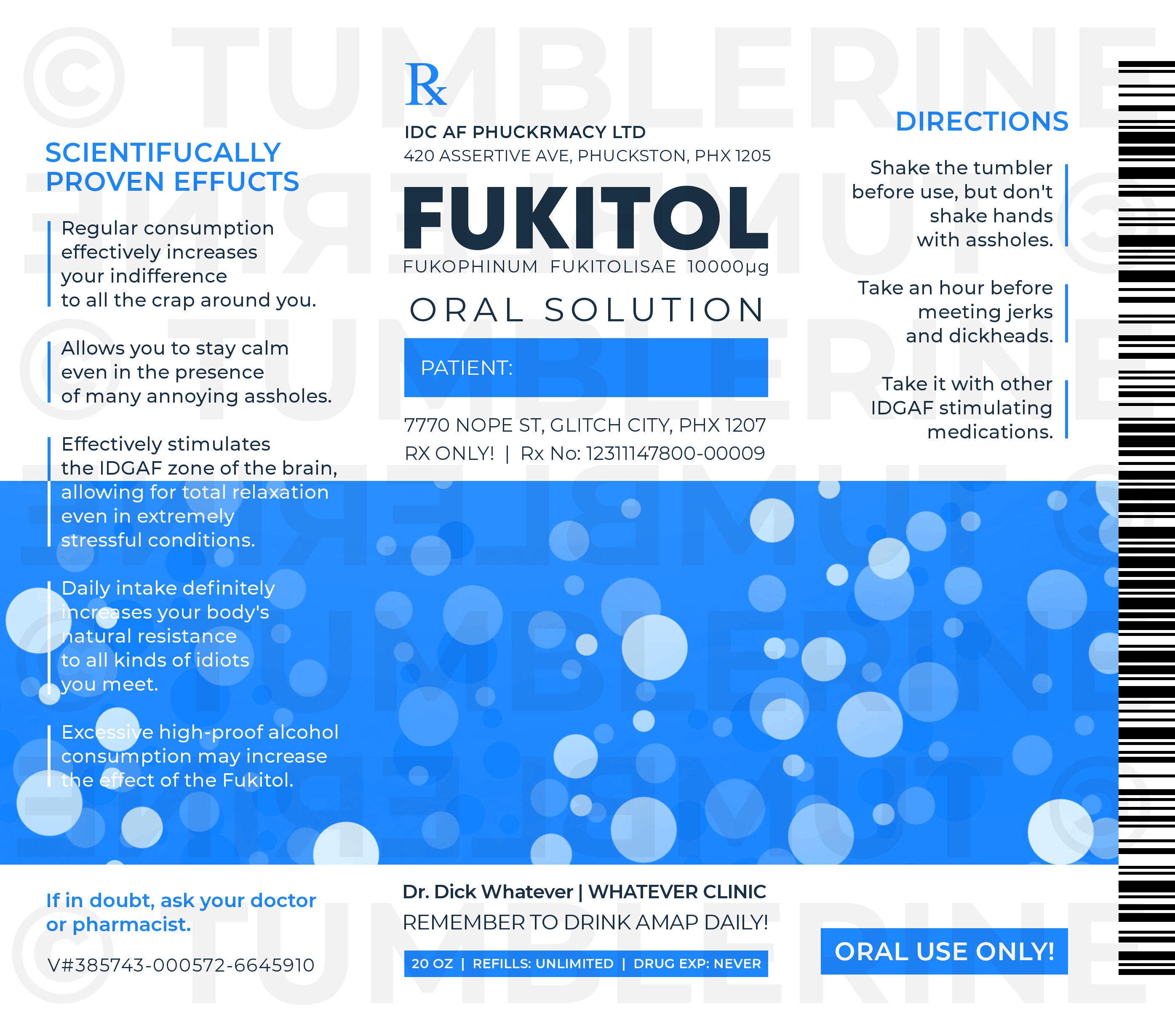 Fukitol Bundle Funny Prescription 20oz Skinny Tumbler Wrap, Pill Bottle ...