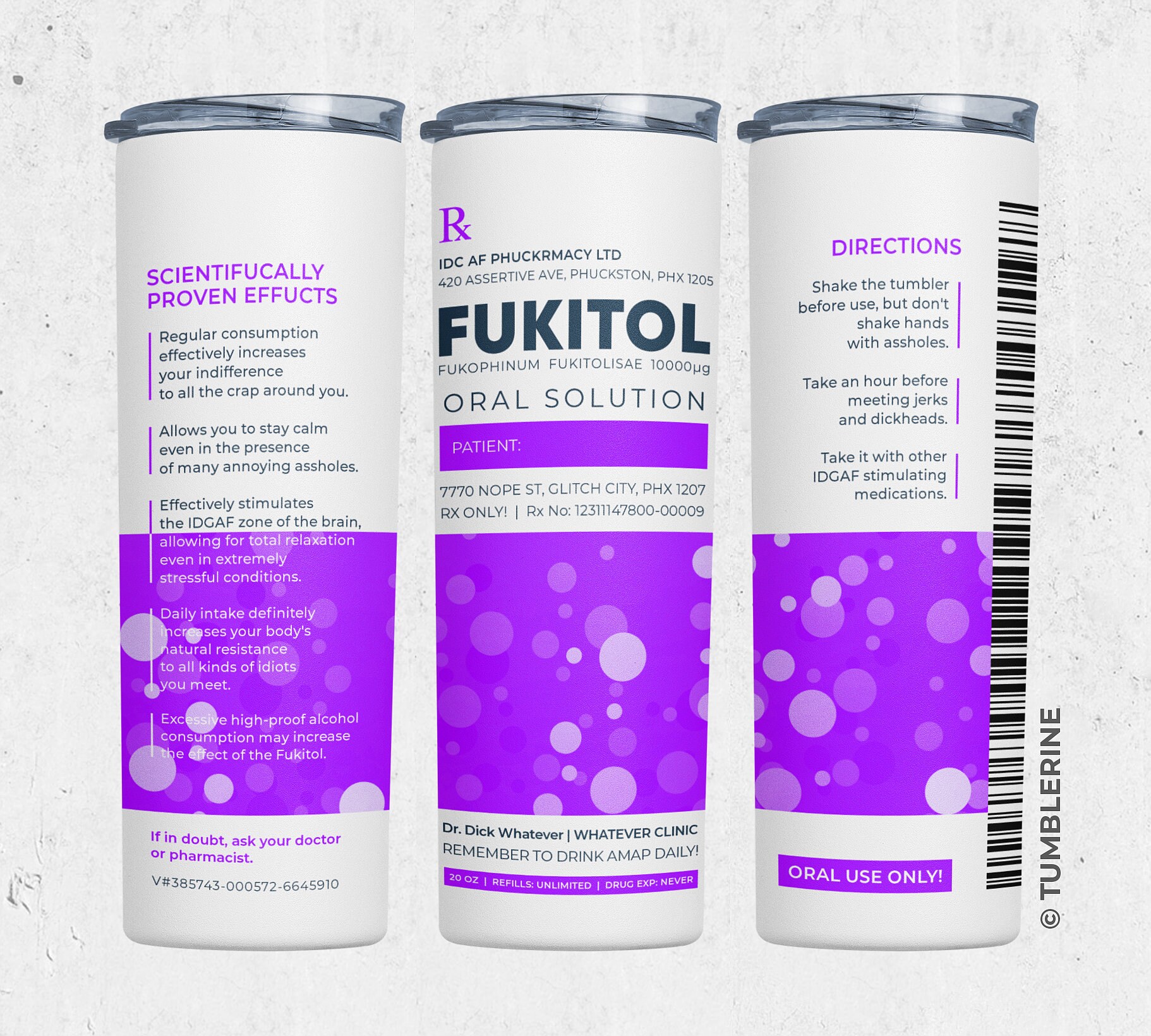 Fukitol Bundle Funny Prescription 20oz Skinny Tumbler Wrap, Pill Bottle ...