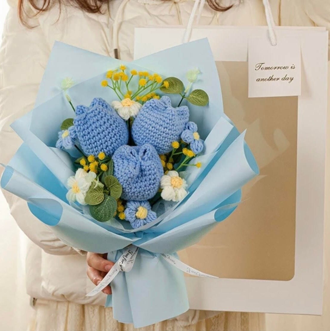Tulip Knitted Flower Crochet Flowers Milk Cotton Bouquet for Wedding ...