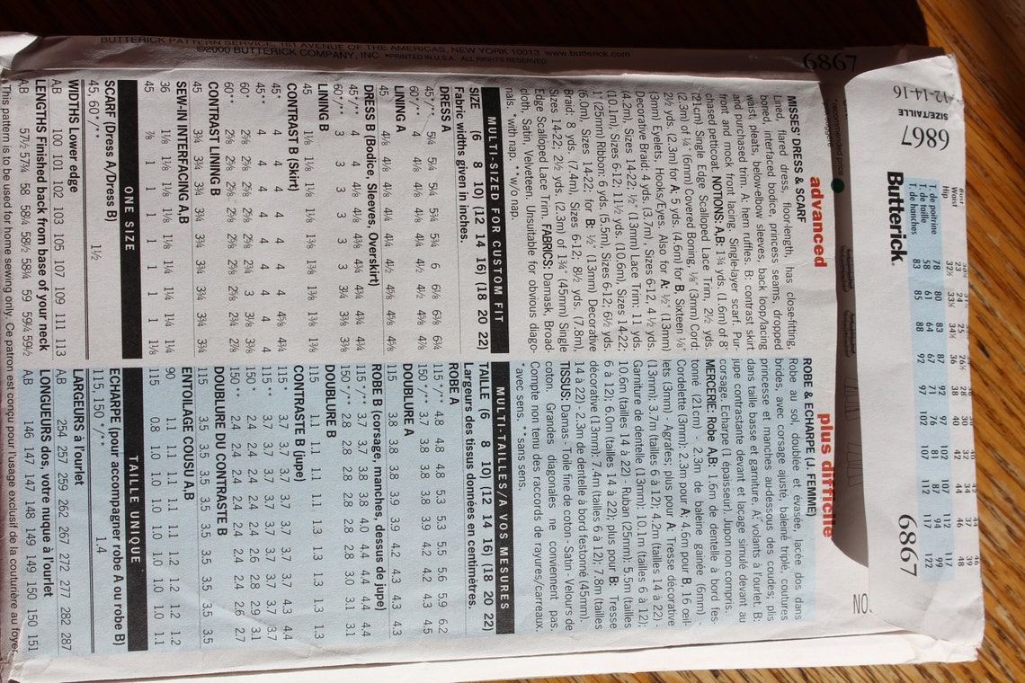 Butterick 6867 18th Century Dress Sewing Pattern, Size 18 20 22 Uncut ...