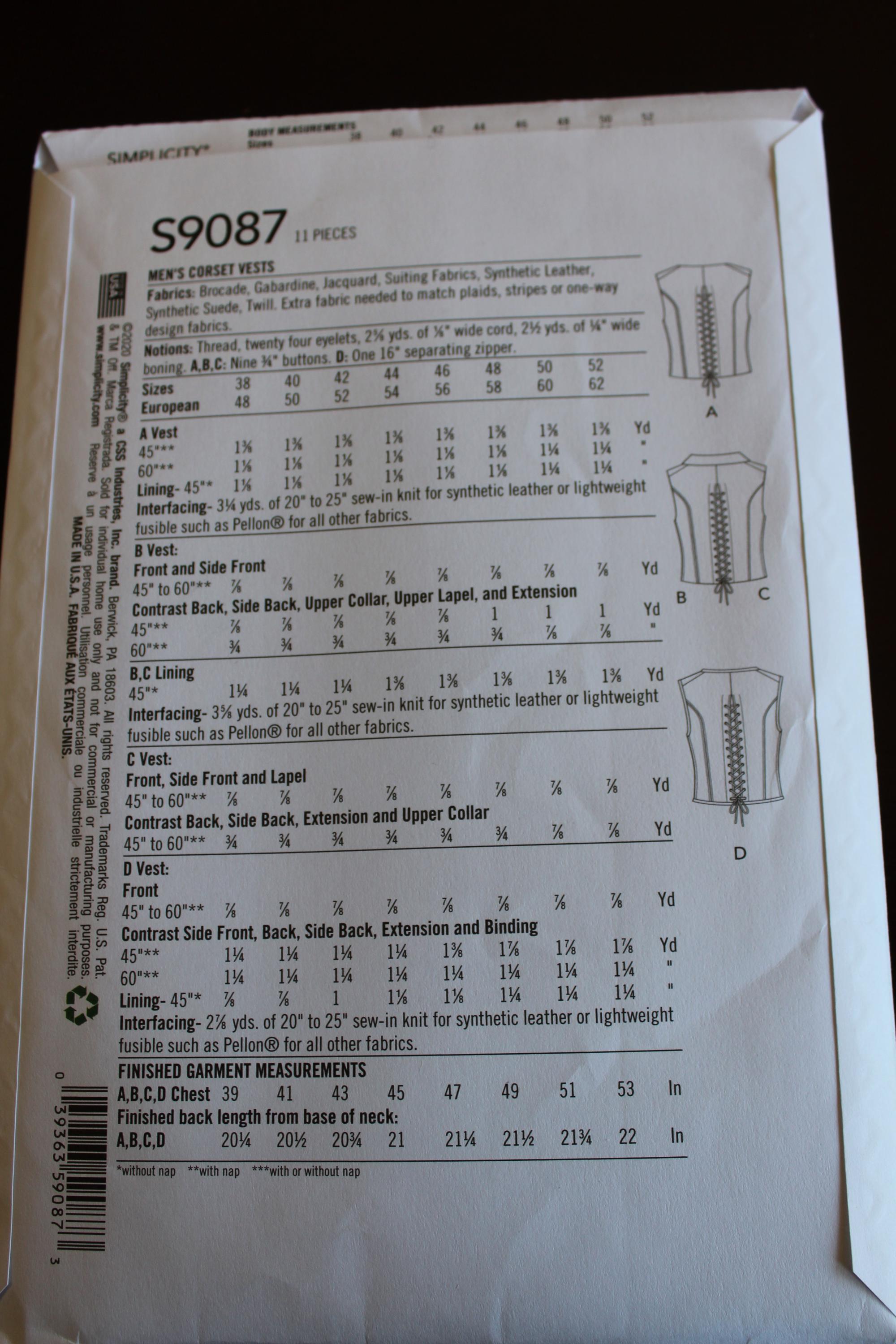 S9087 Simplicity Double Breasted Vest Sewing Pattern - Uncut, Factory ...
