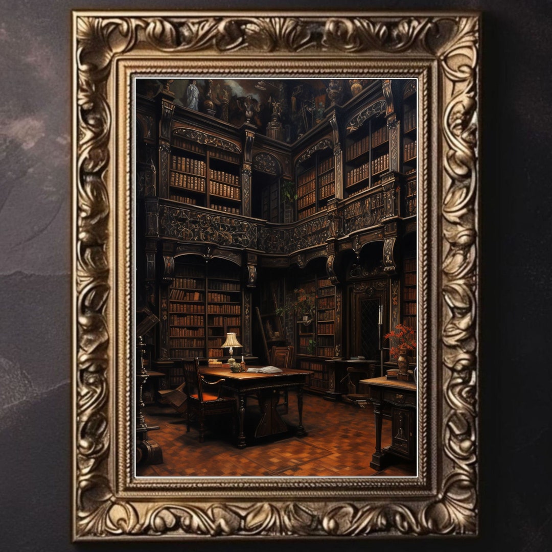 Old Library, Dark Academia Decor, Oil Painting Wall Art, Vintage Art ...