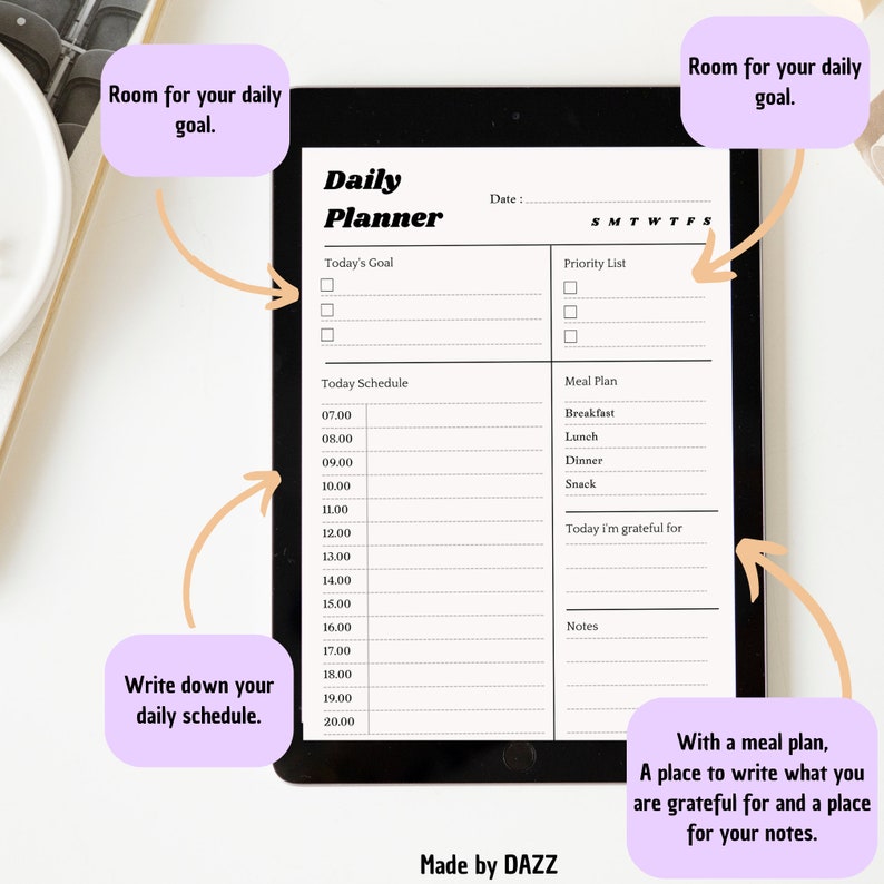 Daily Planner - Today’s Schedule - Goals - Meal Plan - 6 Different ...