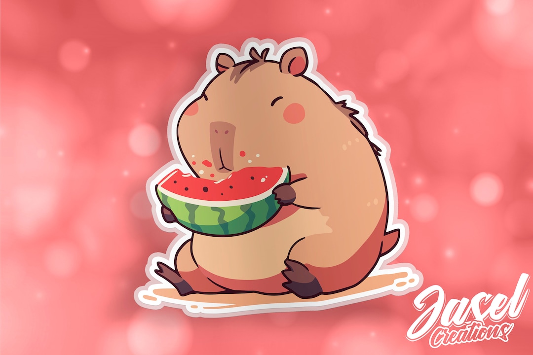 Adorable Chunky Capybara With Watermelon Sticker | Cute Vinyl Decal ...
