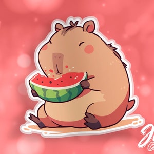 Adorable Chunky Capybara With Watermelon Sticker | Cute Vinyl Decal ...