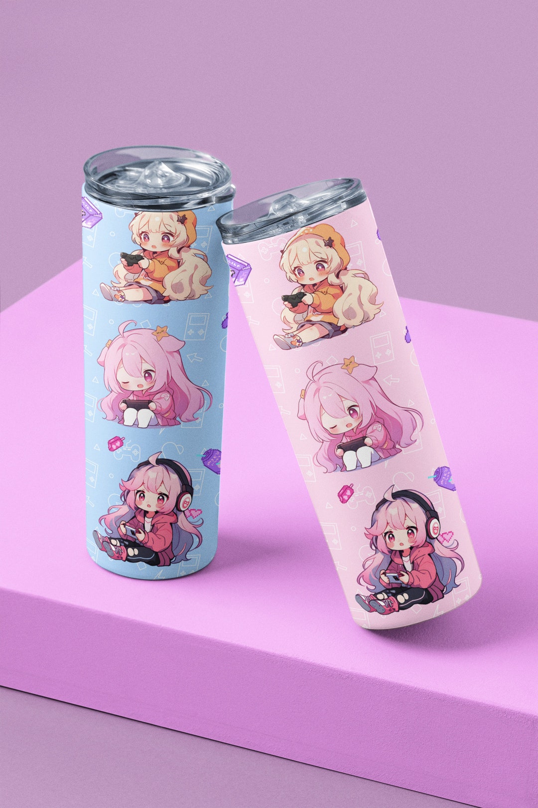 Cute Chibi Gamer Girls - Handcrafted 20 Oz Skinny Stainless Steel ...