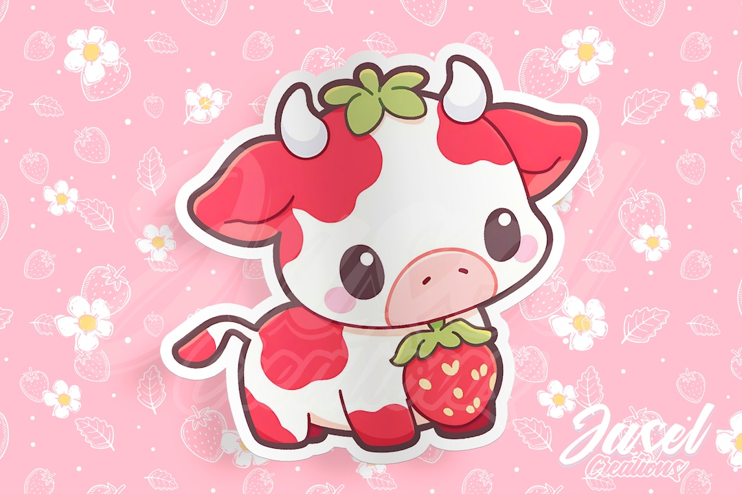 Sweet Strawberry Cow Stickers | Kawaii Vinyl Decals, Weatherproof ...