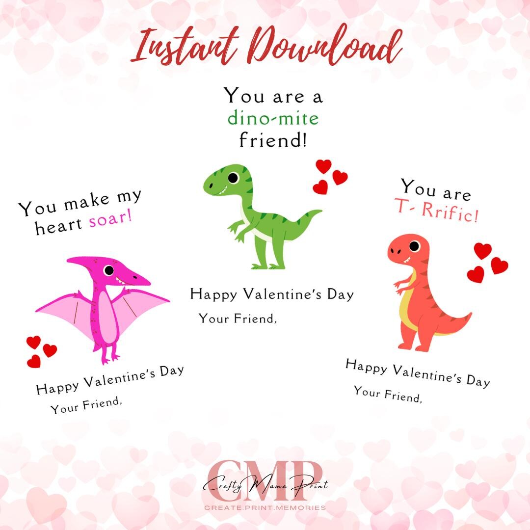 Kids Dinosaur Valentines INSTANT DOWNLOAD Printable - Etsy