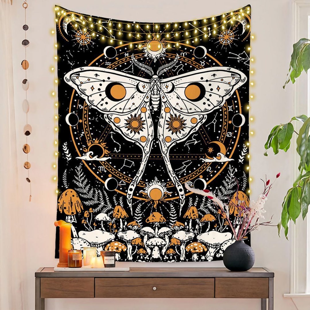 Moth Tapestry Moon Phase and Stars Black and White Moon - Etsy